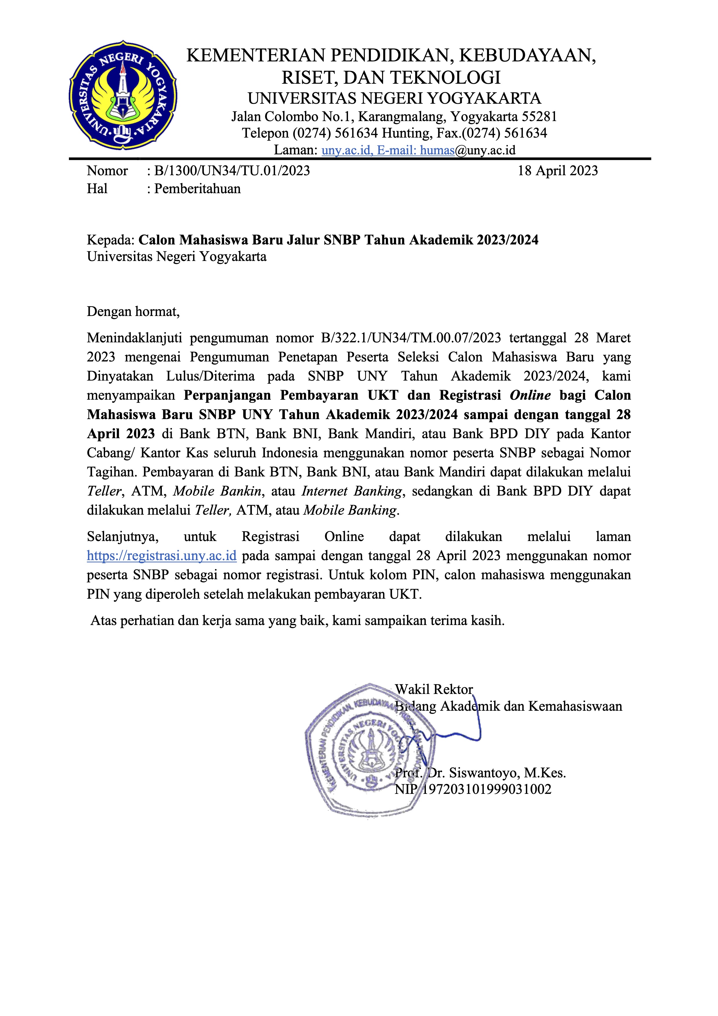 PERPANJANGAN PEMBAYARAN UKT DAN REGISTRASI ONLINE BAGI CALON MAHASISWA BARU JALUR SNBP 2023 ...